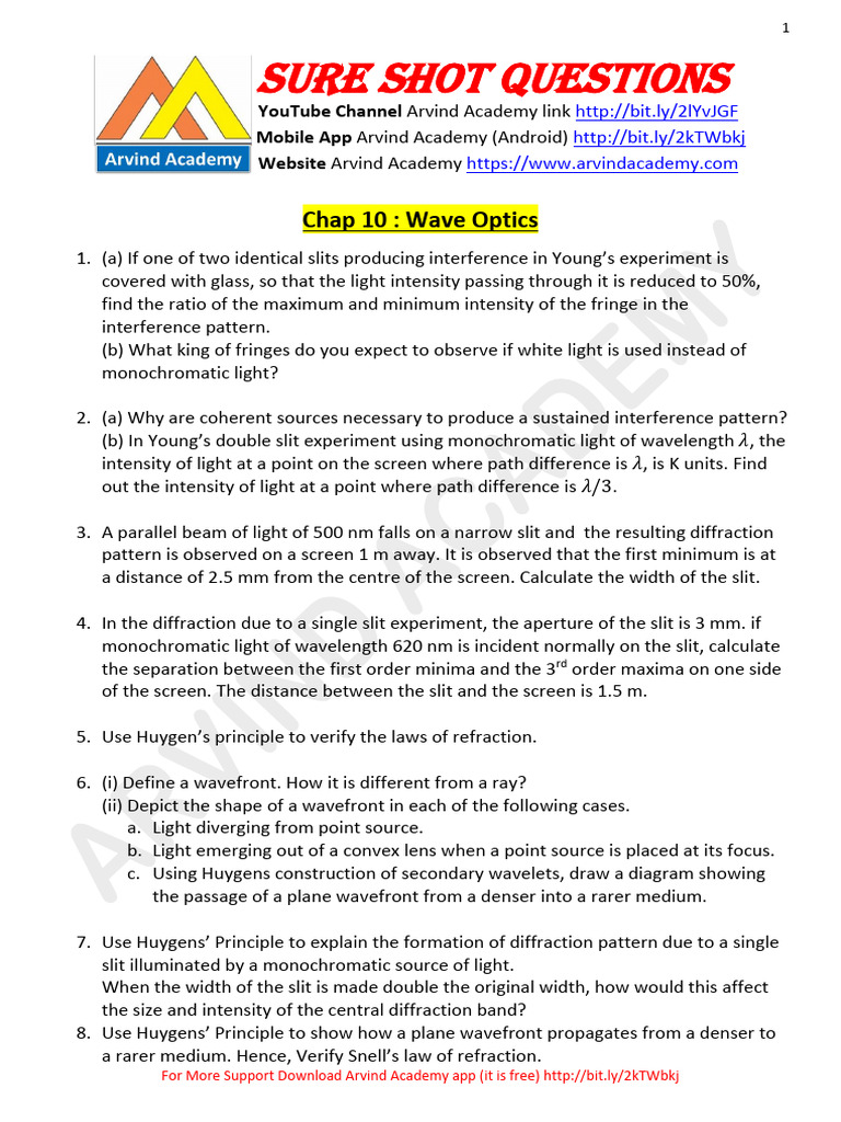 Questions Chap 10 Wave Optics - 80146 | PDF | Diffraction | Physics