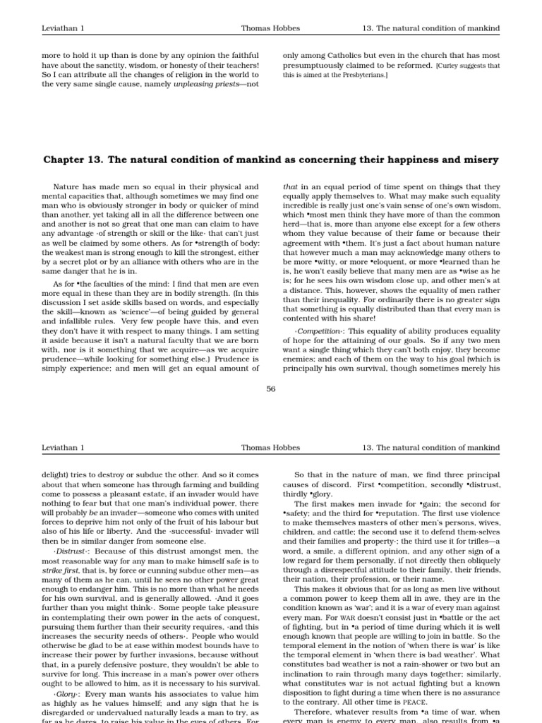 Thomas Hobbes Leviathan Chapter 13 | PDF | Natural Law | Justice