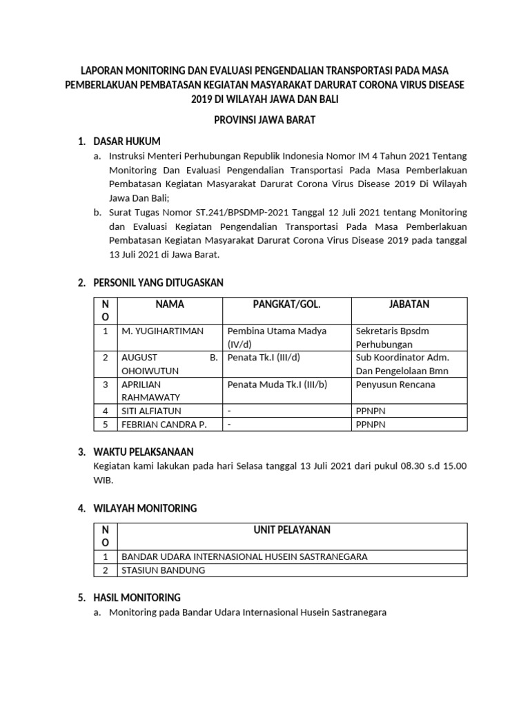 Laporan Monitoring Dan Evaluasi Pengendalian Transportasi Pada Masa PPKM Di Bandung | PDF