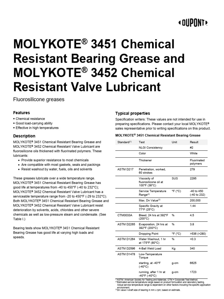 MOLYKOTE 3451 Chemical Resistant Bearing Grease and Molykote 3452 ...