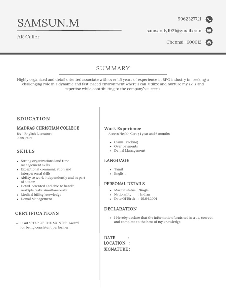 BPO Resume of AR Caller with Awards | PDF