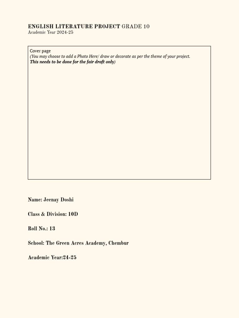 Jeenay DOSHI: Grade 10: English Literature Project: 2024-25 | PDF ...
