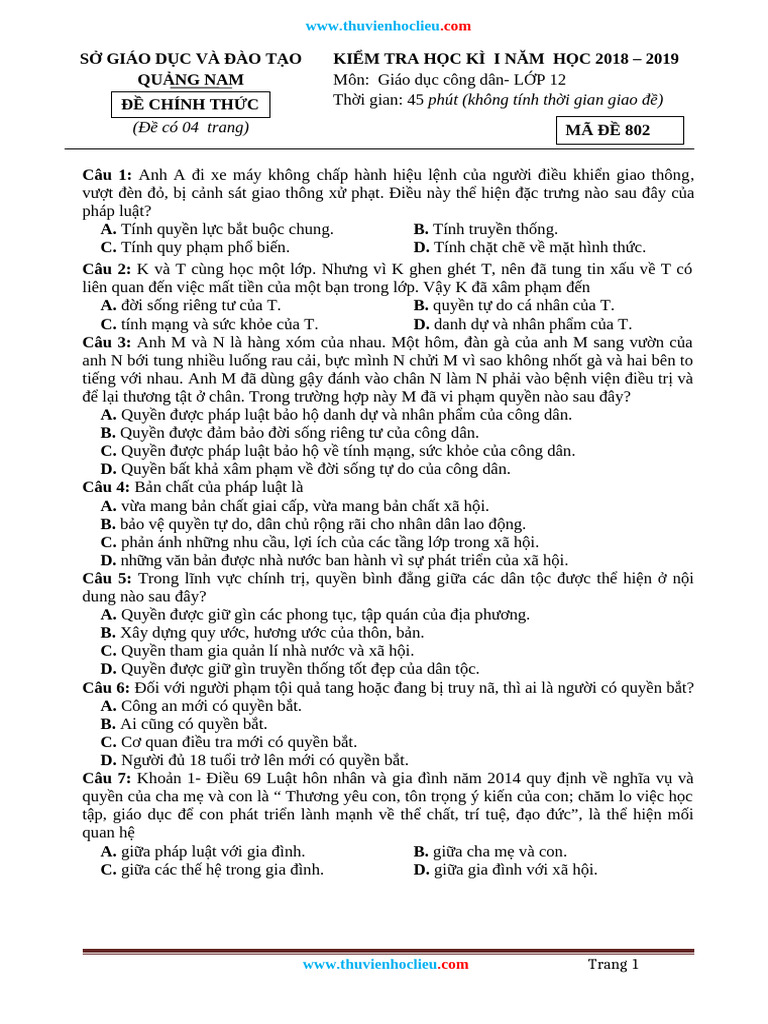 De Thi HK1 GDCD 12 Quang Nam 2018 2019 Co Dap An | PDF