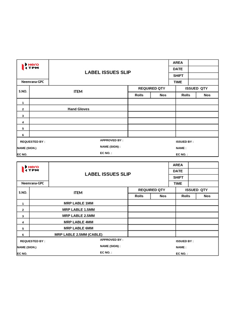 Label Issue Slip | PDF