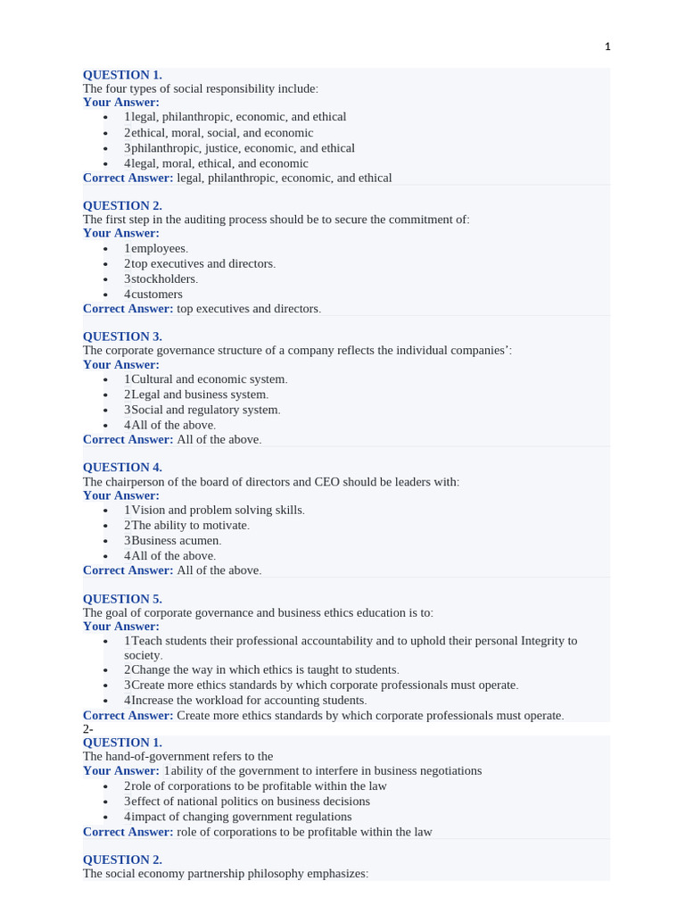 1-Quize- BUSINESS ETHICS & CORPORATE GOVERNANCE | PDF | Corporate Social Responsibility ...
