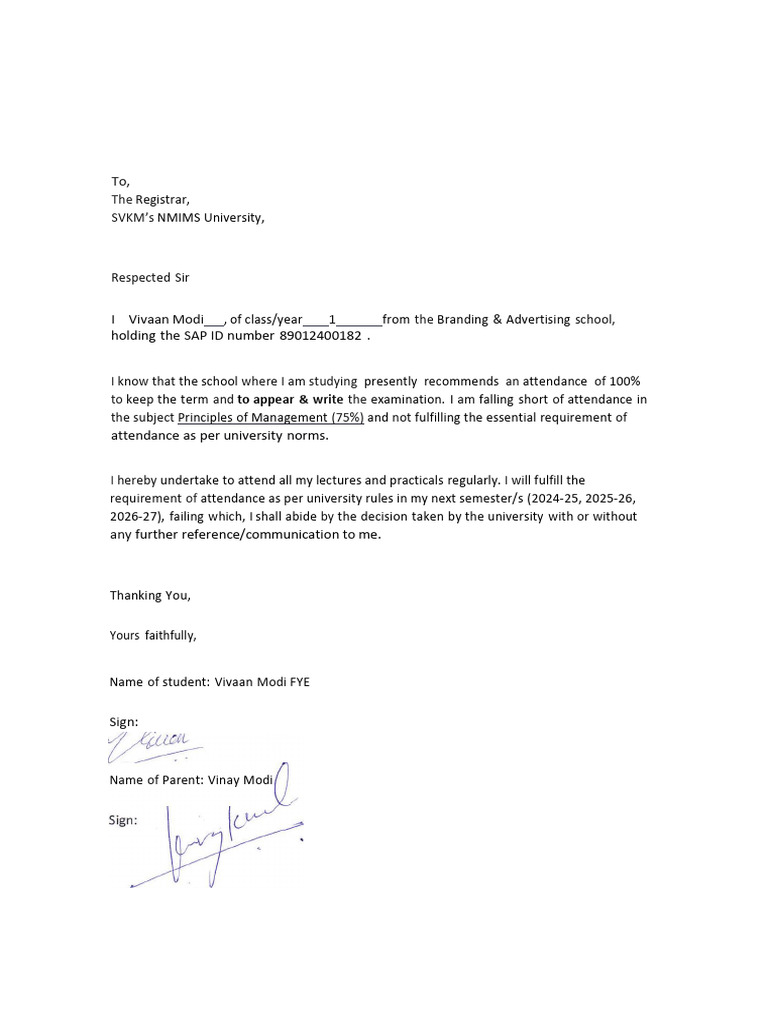 Attendance Undertaking - Vivaan Modi (FYE) | PDF