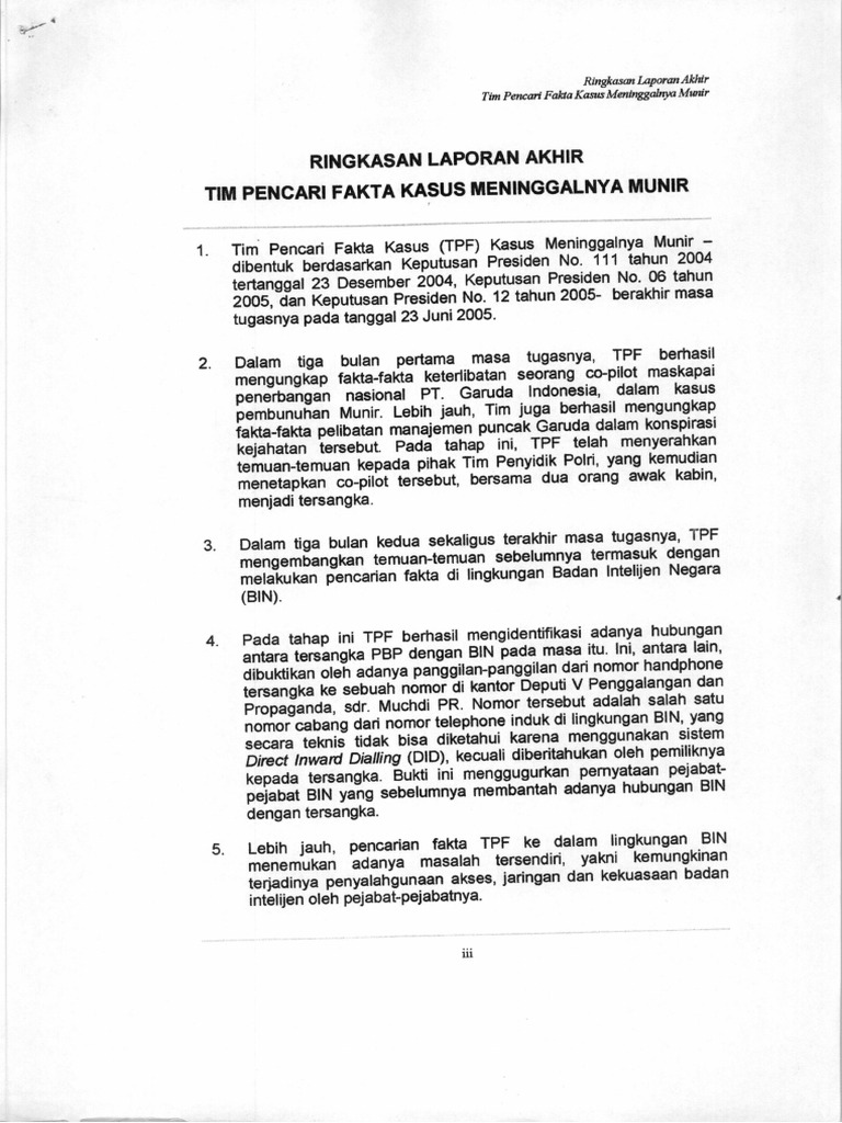 Ringkasan Laporan Akhir TPF Kasus Meninggalnya Munir 2 | PDF