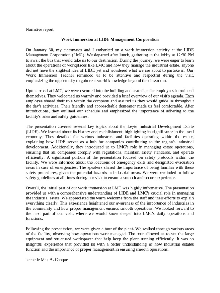 NARRATIVE REPORT On Work Immersion | PDF | Learning