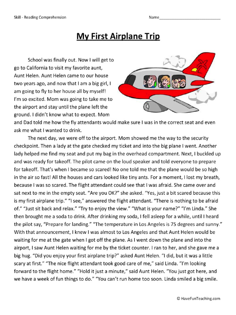 Edited - My First Airplane Trip Third Grade Reading Comprehension ...