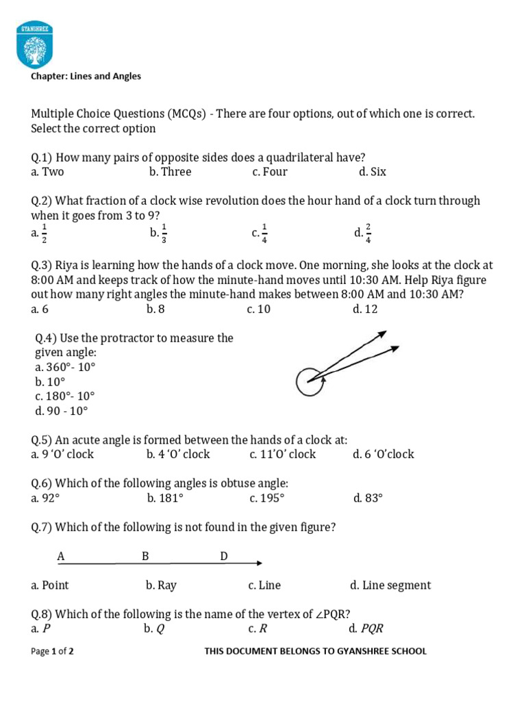 6 - WS - MCQ Lines and Angles | PDF | Perpendicular | Angle