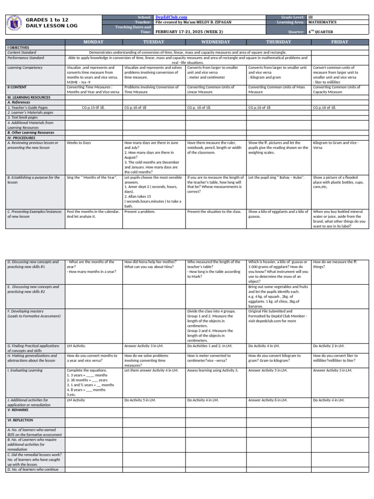 DLL_MATHEMATICS 3_Q4_W2 | PDF | Learning | Behavior Modification