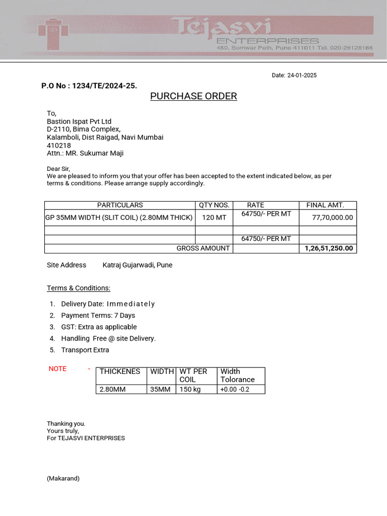 TEJASVI ENTERPRISE PO BIPL | PDF