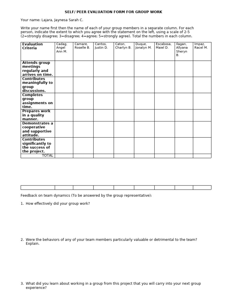 Self and Peer Eval Form | PDF