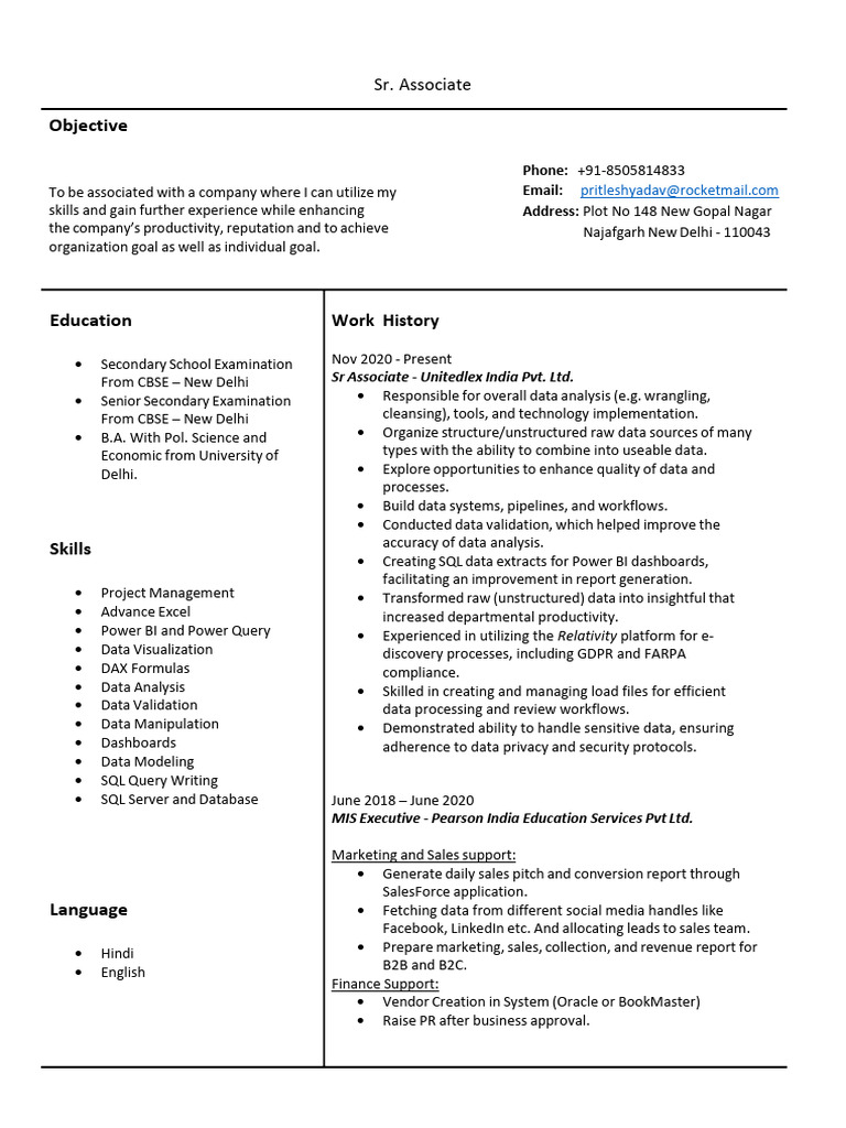 Pritlesh Resume 2024 Updated | PDF | Data Analysis | Sql