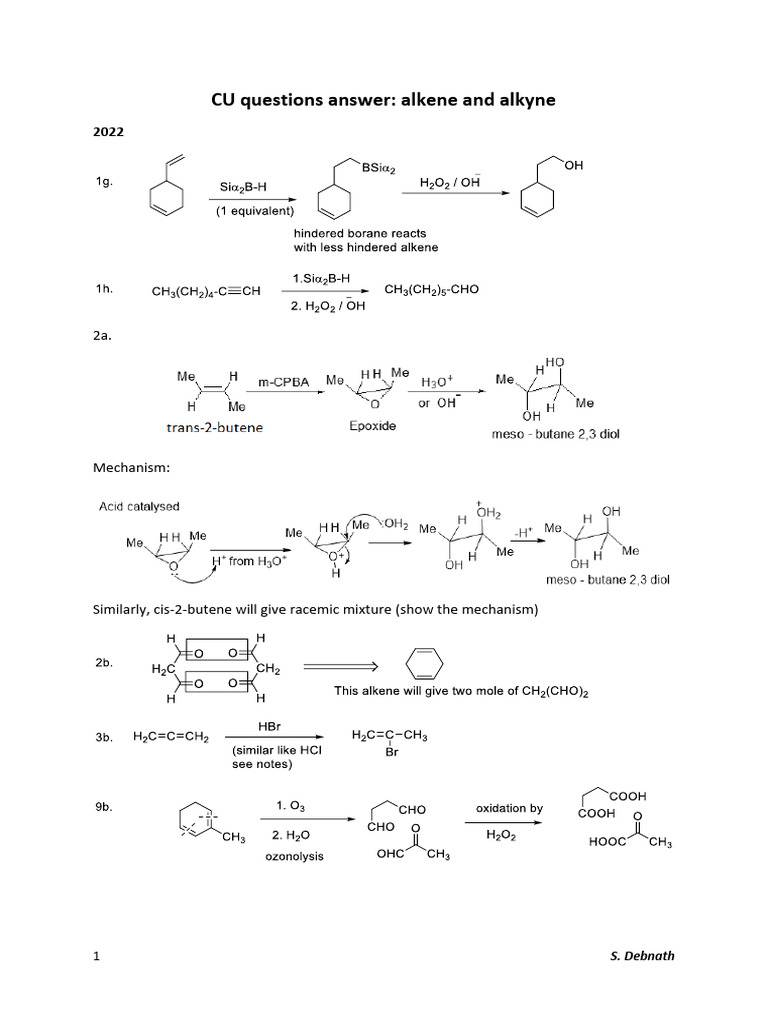 Alkene Alkyne Questions Answer Sem -3 2023 | PDF | Chemical Reactions | Alkene