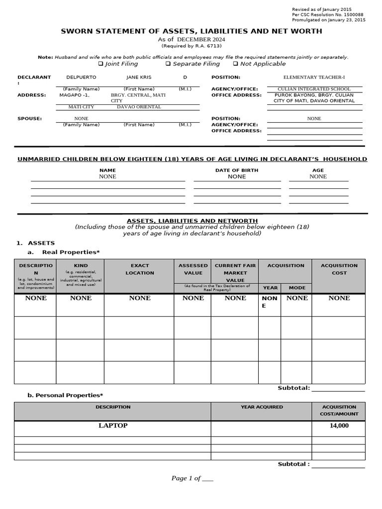 2015 Saln Form | PDF | Net Worth | Business Economics
