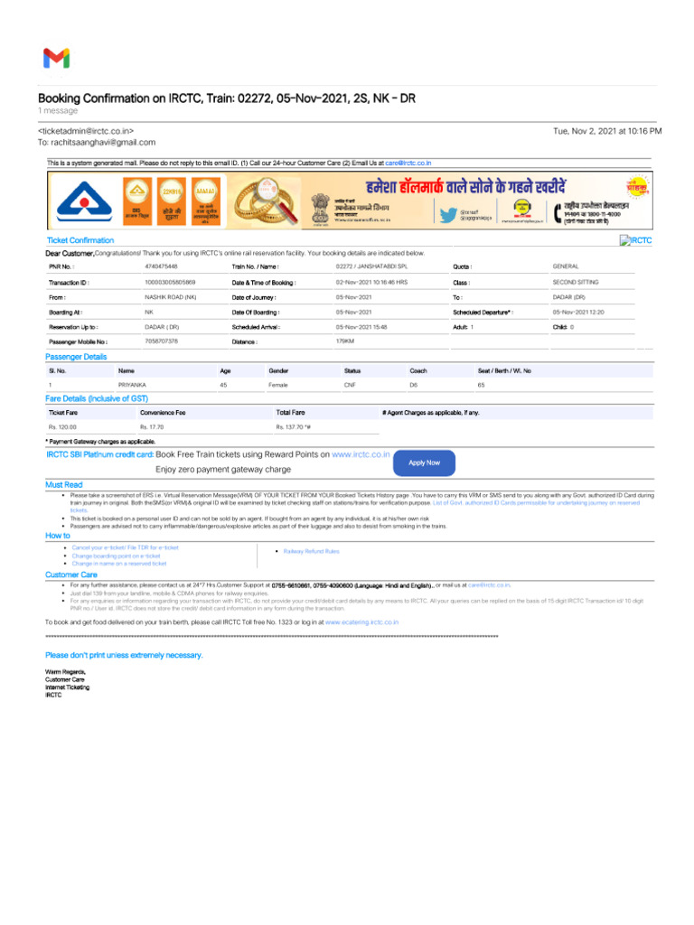 Gmail - Booking Confirmation On IRCTC, Train - 02272, 05-Nov-2021, 2S ...