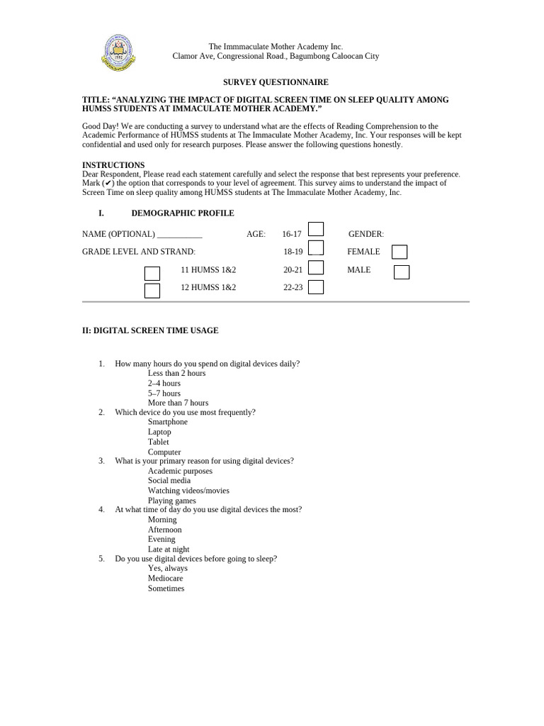 Research Survey Questionnaire (1) | PDF | Sleep