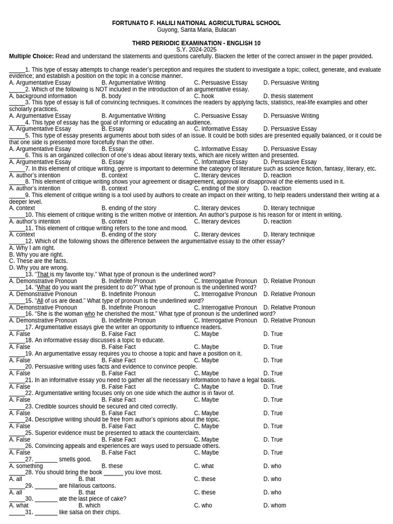 Third Periodic Exam g10 Sy24-25 | PDF | Essays | Pronoun