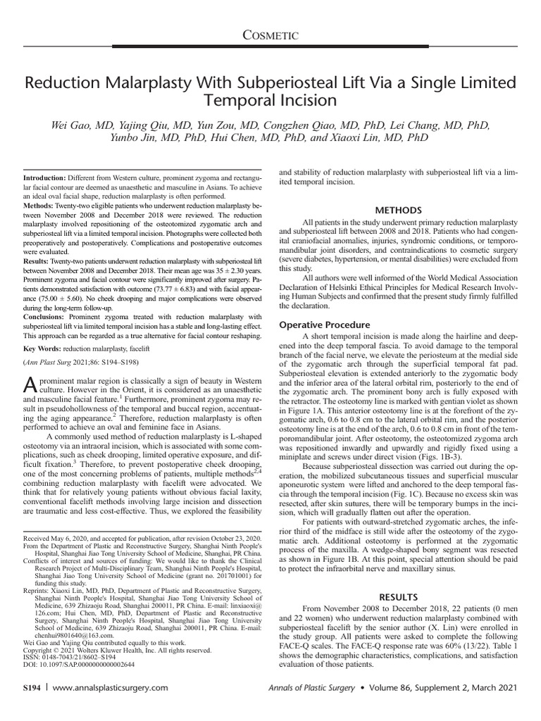 2021-Reduction Malarplasty With Subperiosteal Lift Via A Single Limited ...