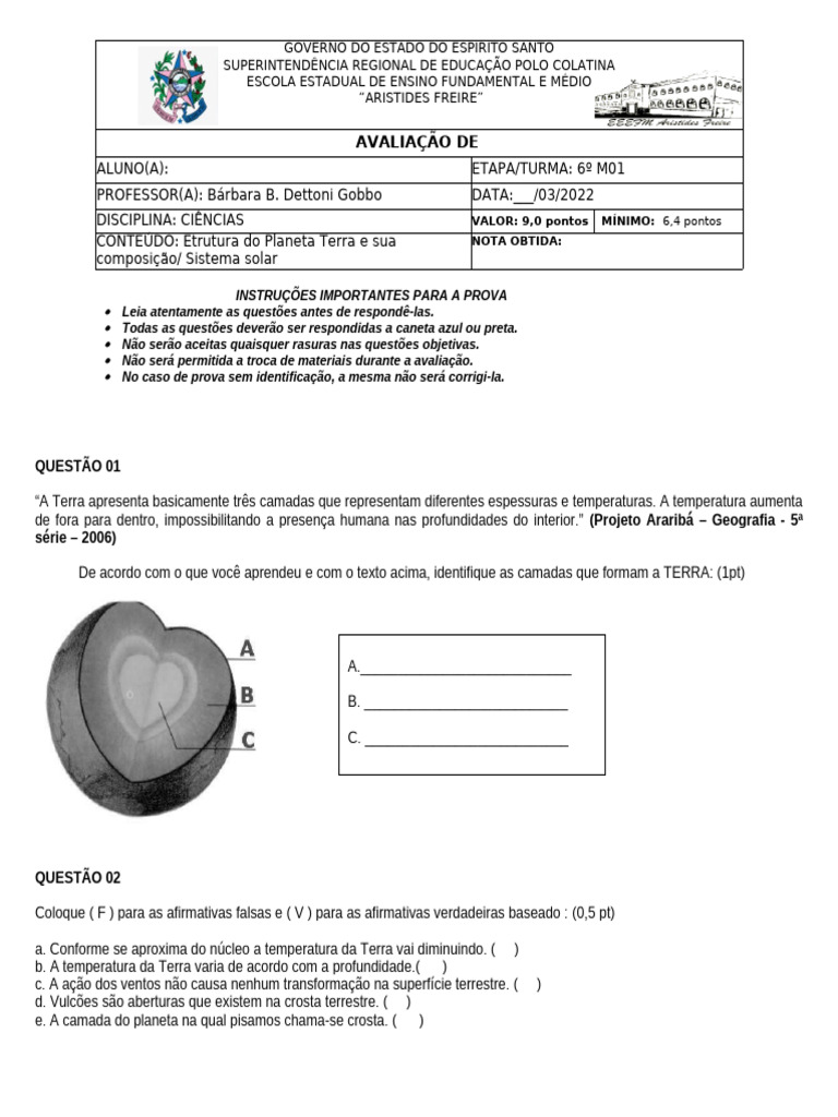 PROVA 6º ANO EST. TERRA E SISTEMA SOLAR | PDF | Energia renovável | Placas tectônicas