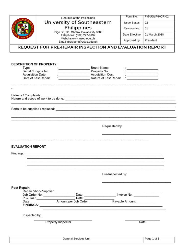 Pre-Repair Inspection Request Form | PDF