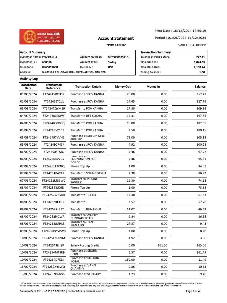 Canadia Bank Account Statement Summary | PDF | Banks | Financial Services