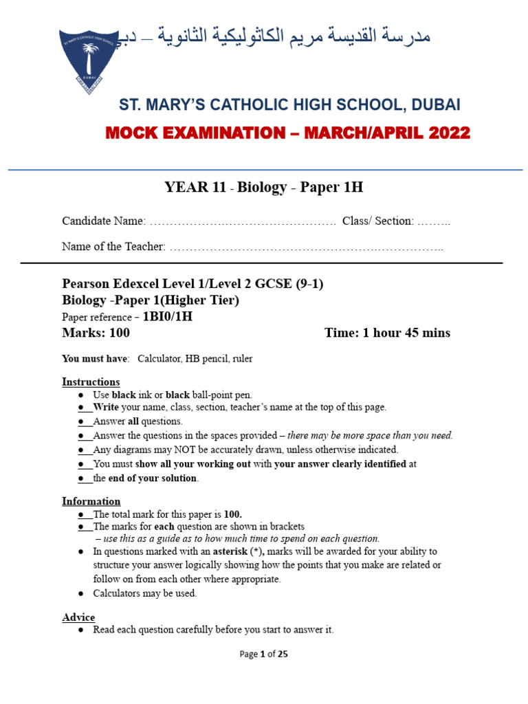 GCSE Biology Mock paper 1 High Tier- 2022.docx | PDF | Statin | Cholesterol