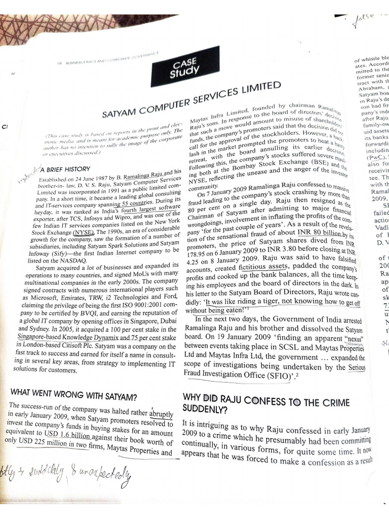 Case Study - Satyam Computer Service Limited | PDF