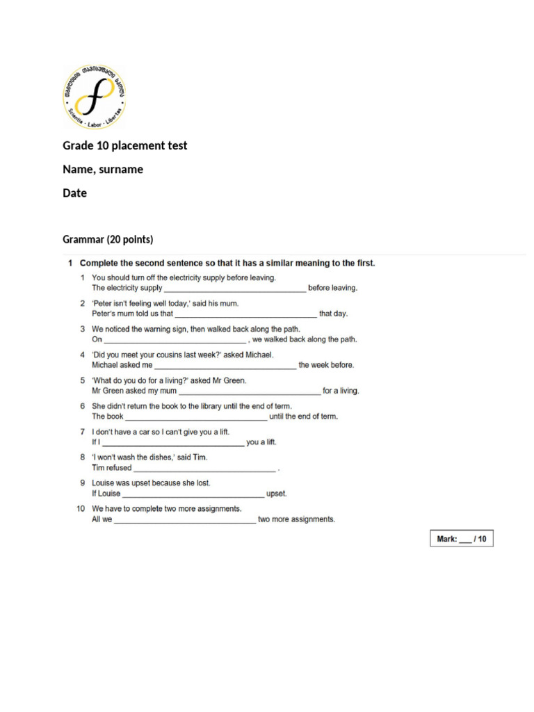 Grade 10 Placement Test Guide | PDF