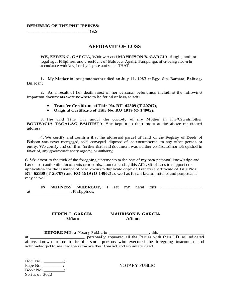 Affidavit of Loss Title-Efren | PDF