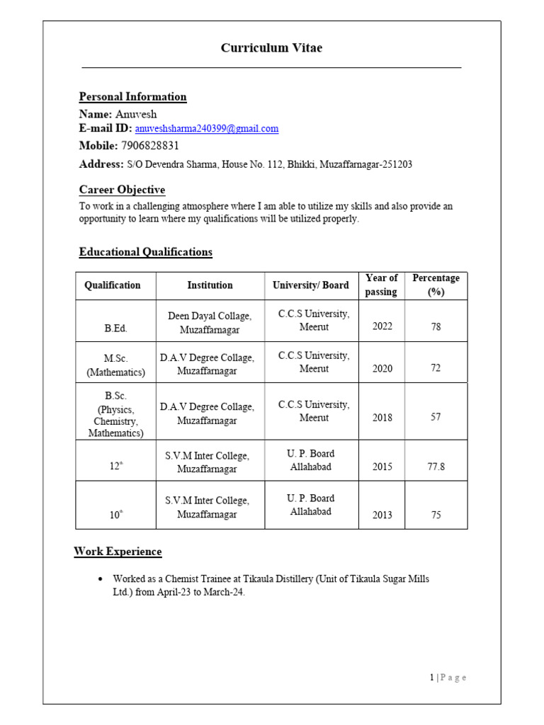 Anuvesh CV | PDF | Learning