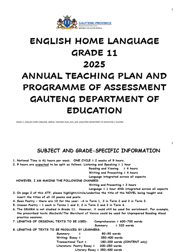 Grade 11 English HL Annual Teaching Plan 2025 Se Gde Fs | PDF | Reading ...