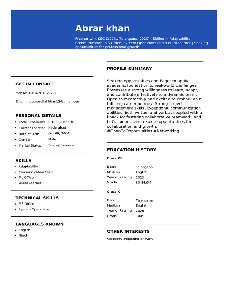 Fresher Resume: Adaptable & Eager Learner | PDF | Behavior Modification ...
