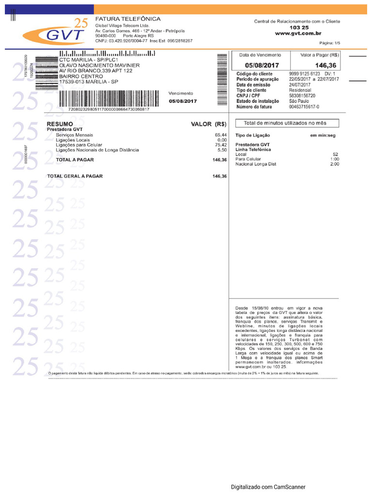 Fatura GVT Olavo Nascimento | PDF