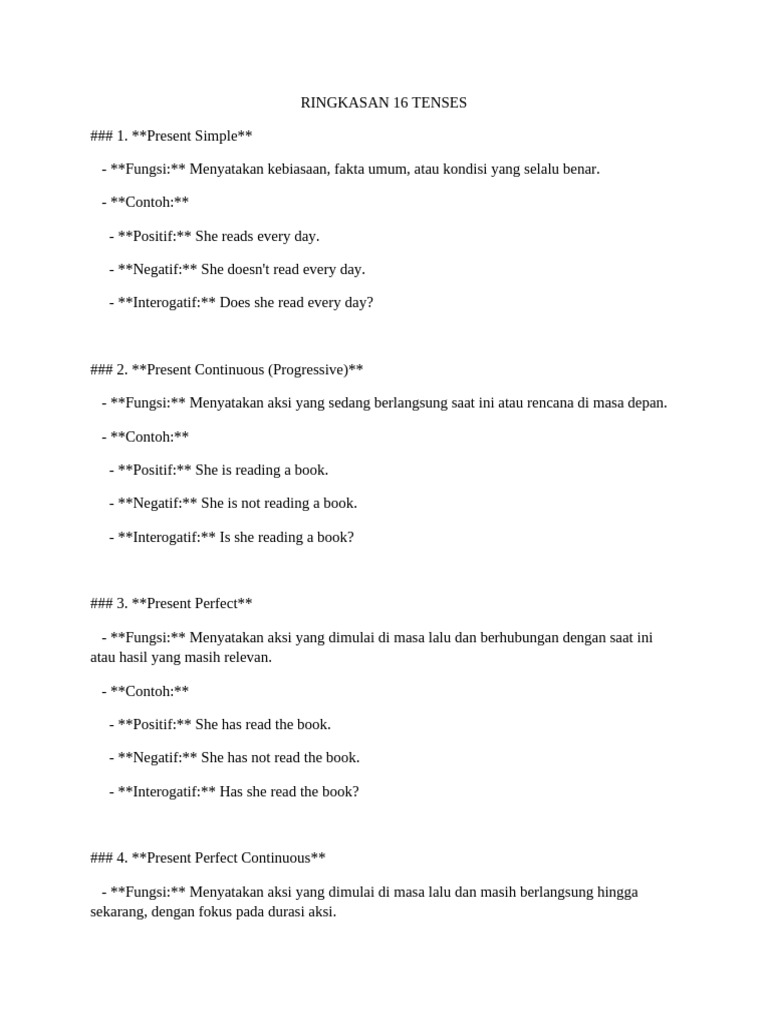Ringkasan 16 Tenses dan Penggunaannya | PDF | Morphology | Syntax