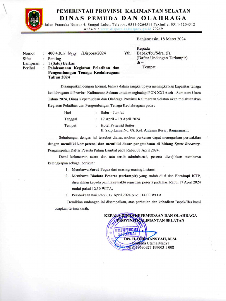 Surat Undangan Kegiatan Pelatihan & Pengembangan Tenaga Keolahragaan Tahun 2024 | PDF