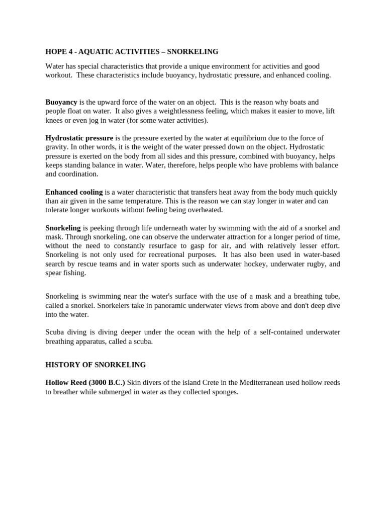 Hope 4 Snorkeling Aquatic Activities | PDF | Snorkeling | Scuba Diving
