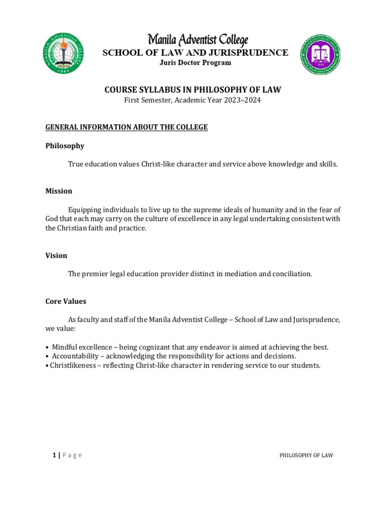 Philosophy of Law Course Syllabus | PDF | Jurisprudence | Justice