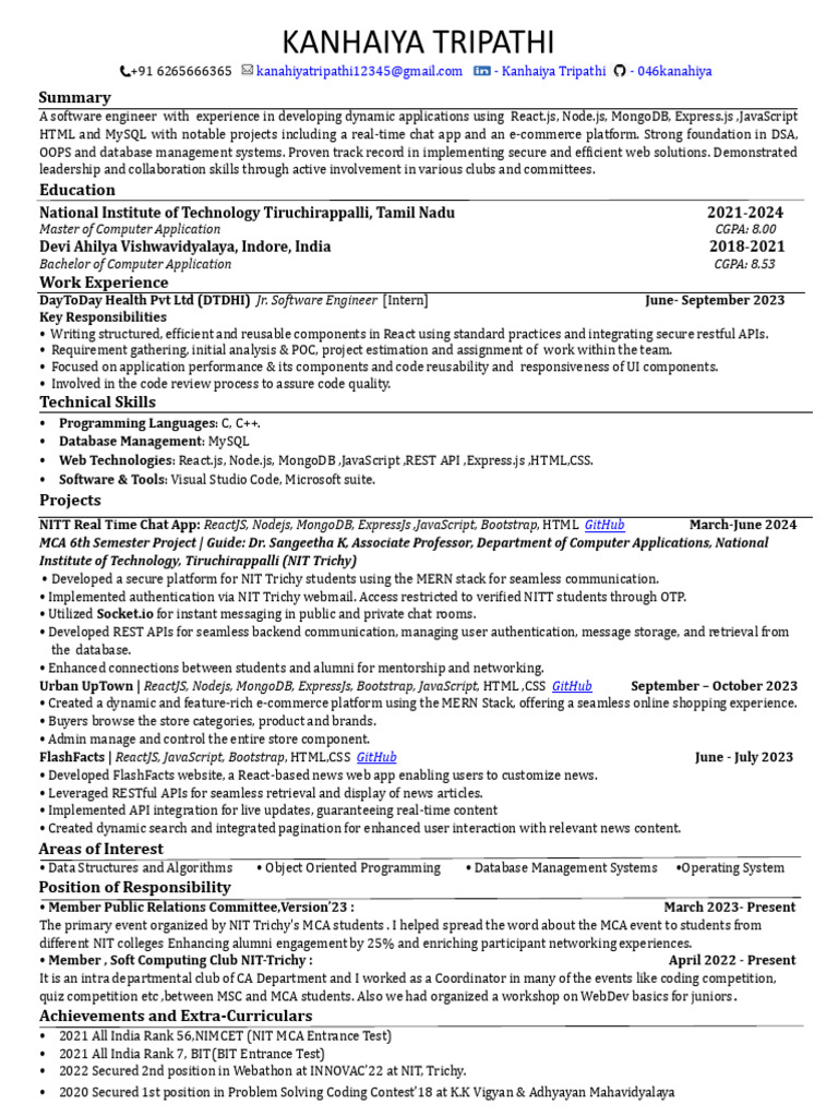 Kanhaiya Tripathi Resume | PDF | Java Script | Software