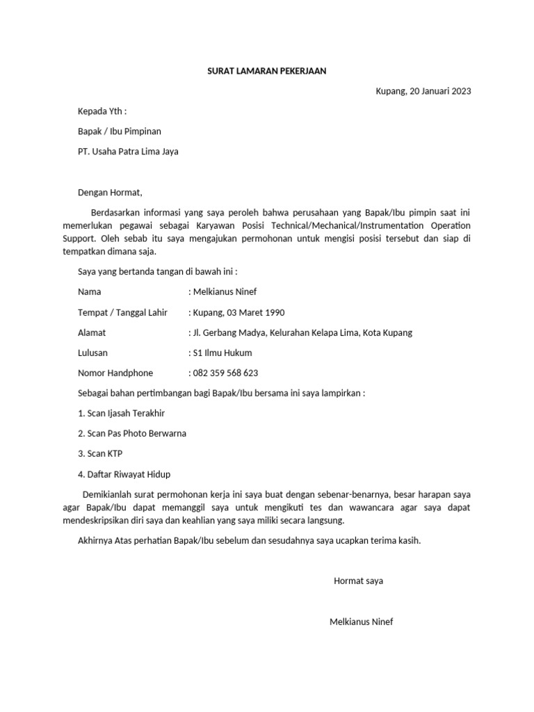 SURAT LAMARAN PEKERJAAN MELKI | PDF