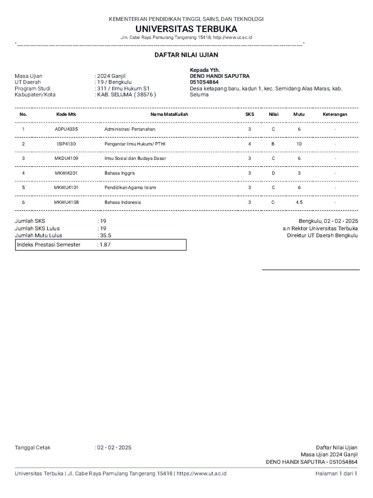 Daftar Nilai Deno Handi Saputra | PDF