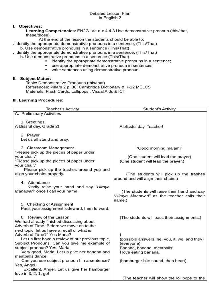 Lesson Plan on Demonstrative Pronouns | PDF | Lesson Plan | Linguistics