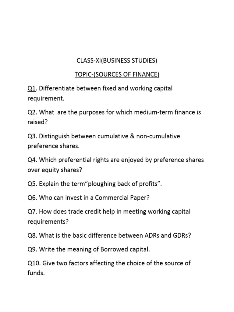 CBSE Class 11 Business Studies - Sources of Finance | PDF