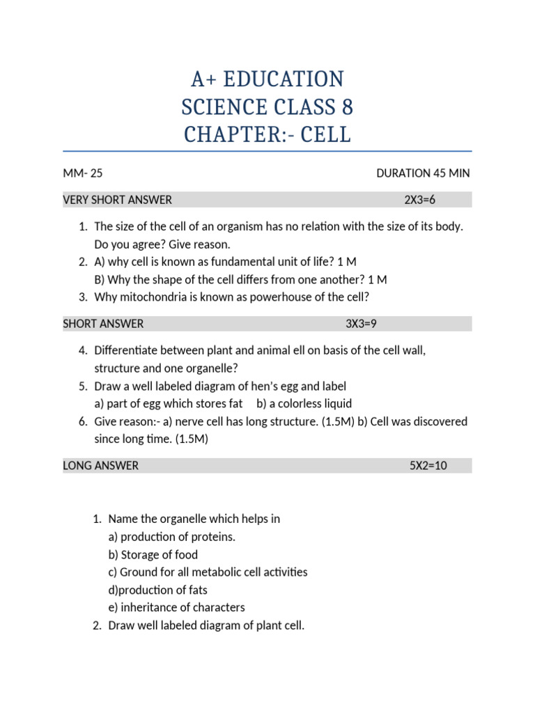 Cell Biology for Class 8: Key Concepts | PDF