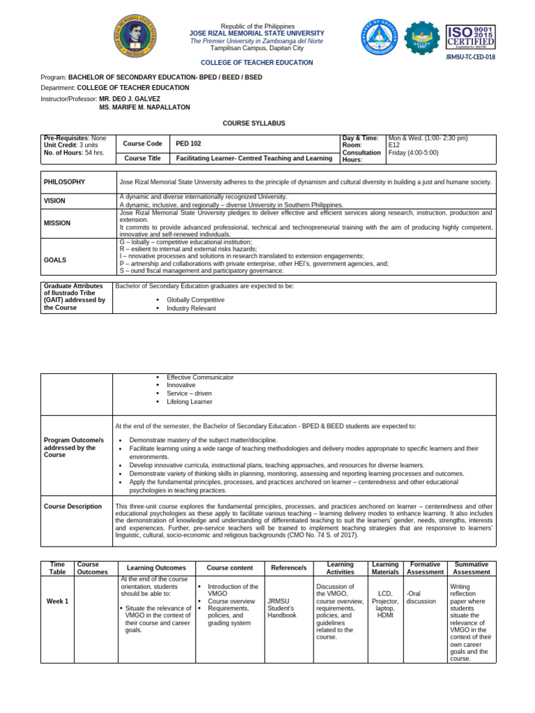 PED 102 COURSE SYLLABUS | PDF | Learning | Cognition