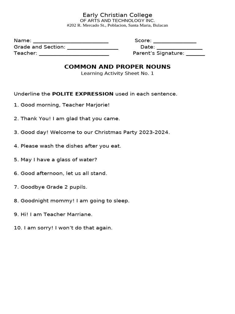 Polite Expressions Learning Activity | PDF