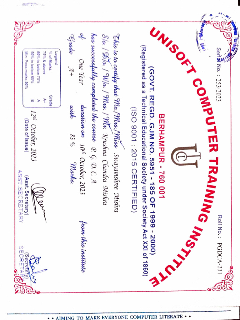 PGDCA Completion Certificate - Swayamshree | PDF | Computing