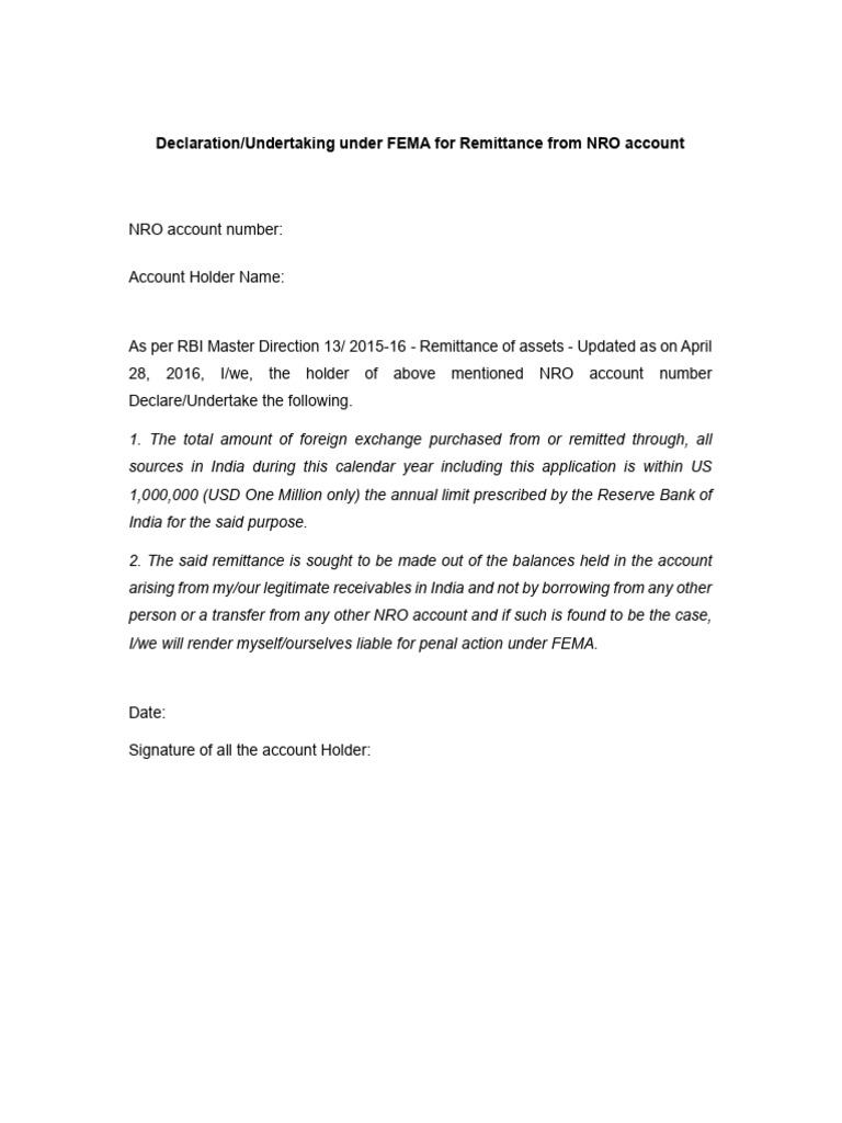 Declaration For NRO Account | PDF