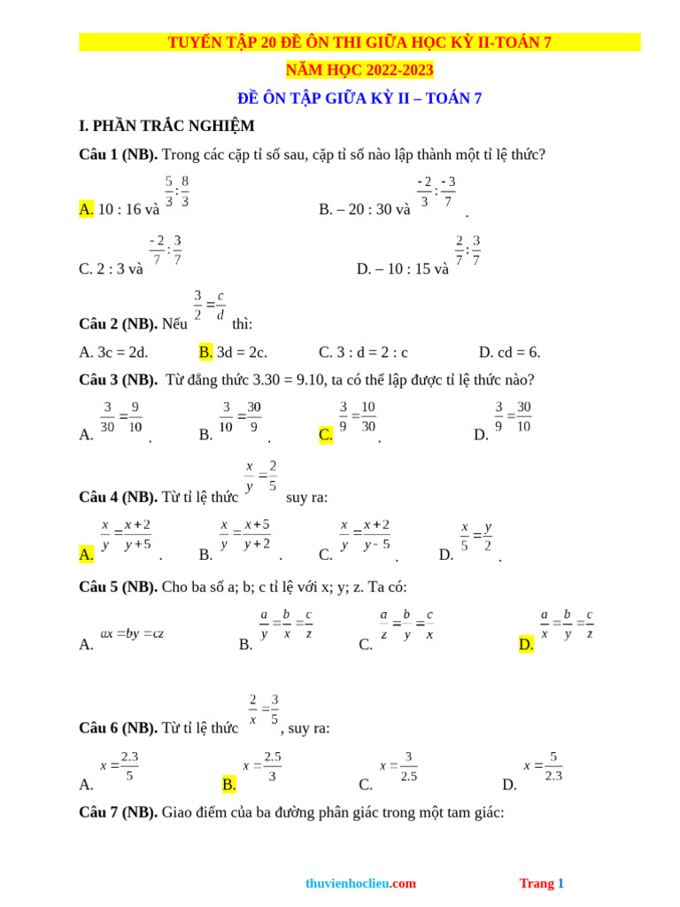 Thuvienhoclieu.com Tuyen Tap 20 de on Thi Giua HK2 Toan 7 | PDF